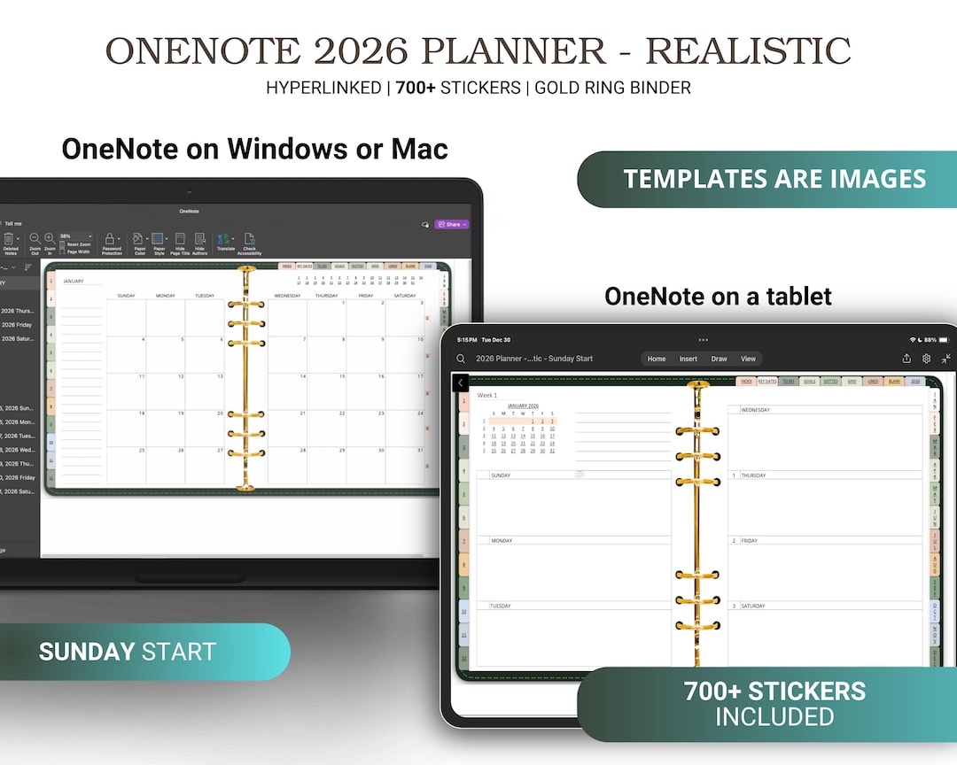2026 Onenote Planner, Surface Pro Digital Planning, Realistic Themed ...