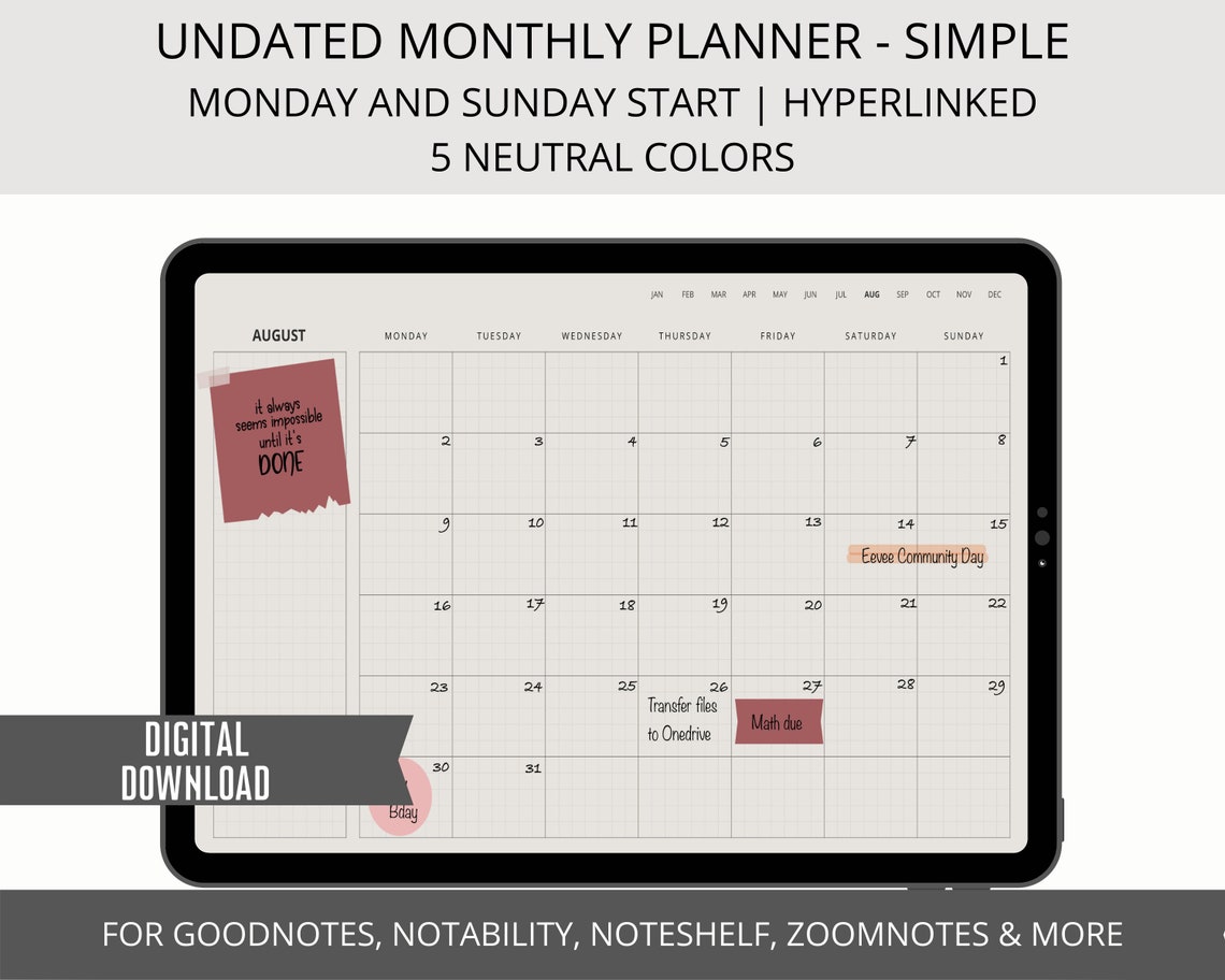Goodnotes Monthly Planner Undated Digital Planner Notability | Etsy