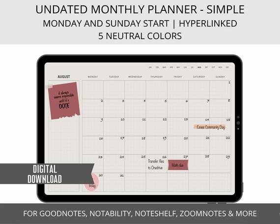 Goodnotes Monthly Planner Undated Digital Planner Notability | Etsy