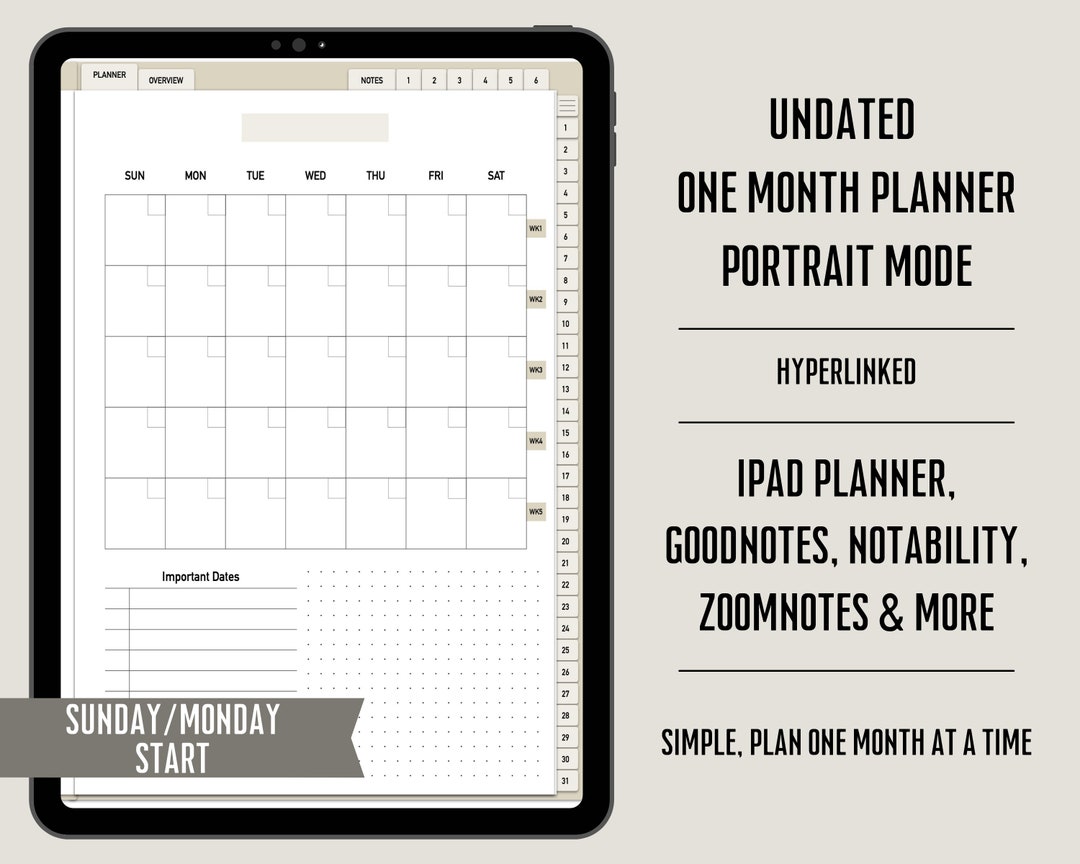 One Month Digital Planner Undated, Goodnotes Planner, iPad Planner ...