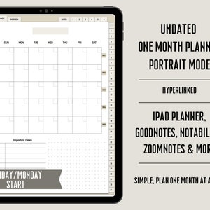 One Month Digital Planner Undated, Goodnotes Planner, iPad Planner ...