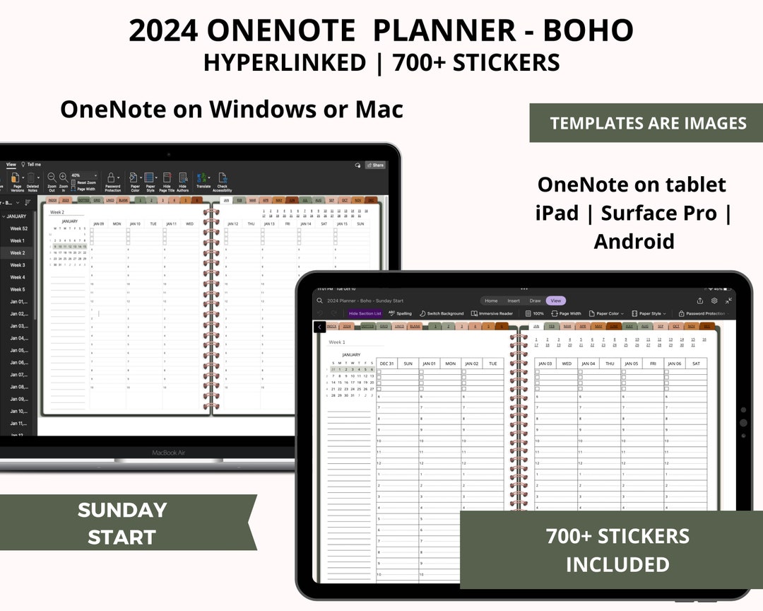 Planificador OneNote 2024, Planificador digital Sunday Start para ...