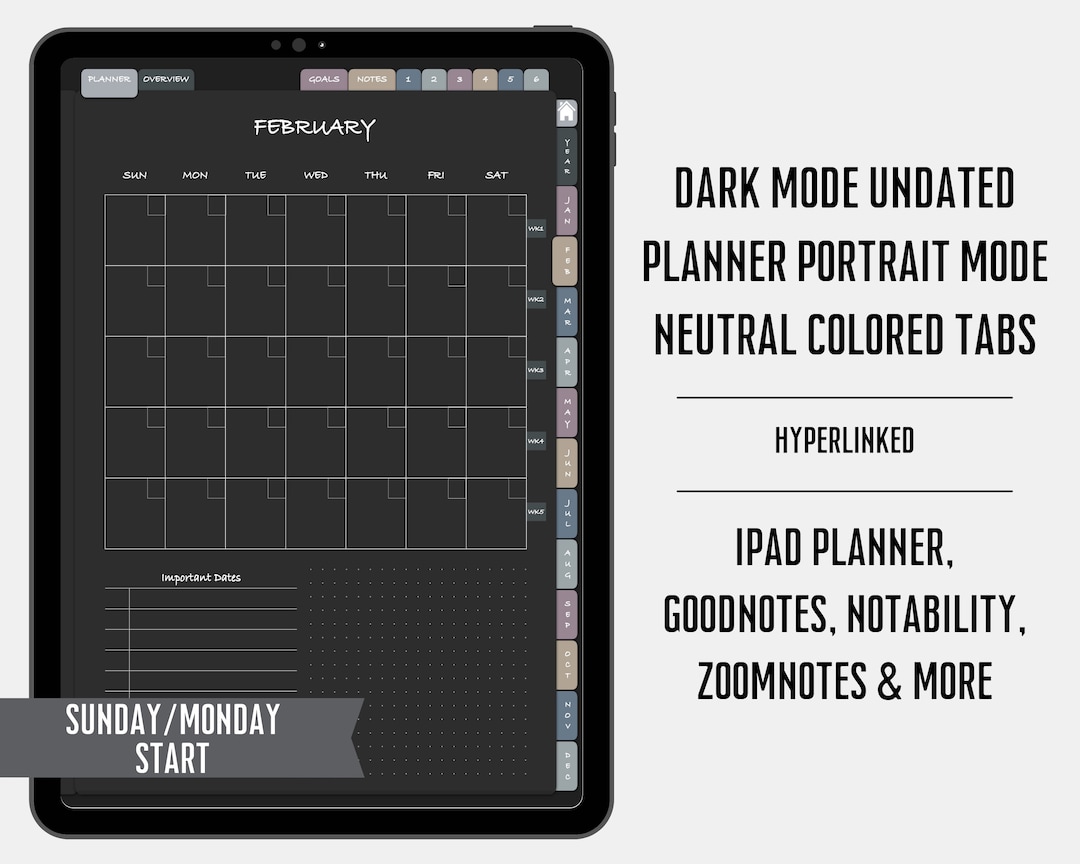 Dark Mode Digital Planner Undated, Goodnotes Planner, iPad Planner ...