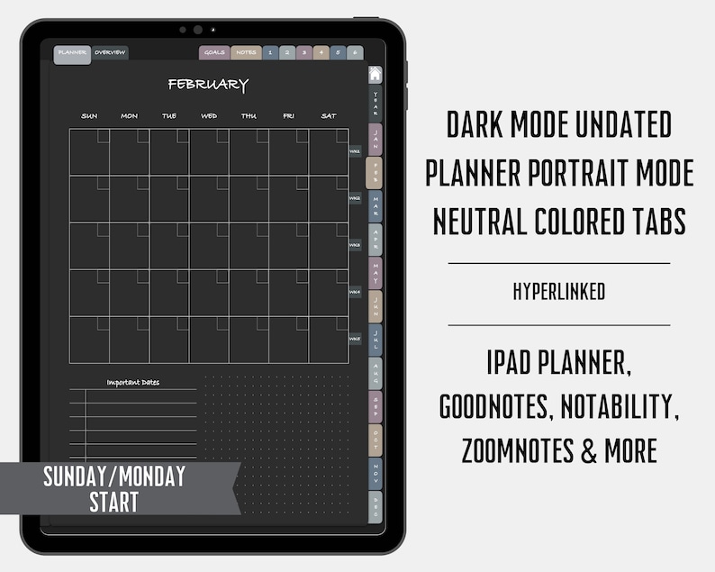 Dark Mode Digital Planner Undated Goodnotes Planner Ipad | Etsy