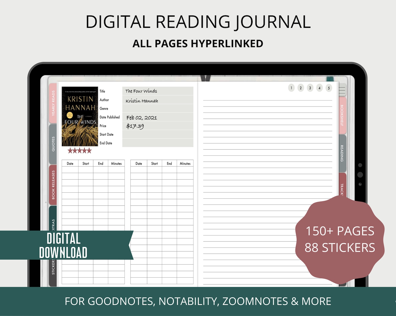 Digital Reading Journal Digital Reading Planner Reading | Etsy