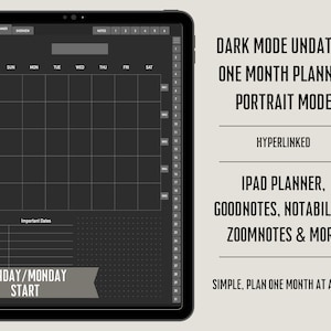 One Month Digital Planner Undated, Goodnotes Planner, Dark Mode Digital ...