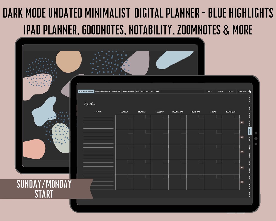 Dark Mode Digital Planner Undated, Goodnotes Planner, iPad Planner ...