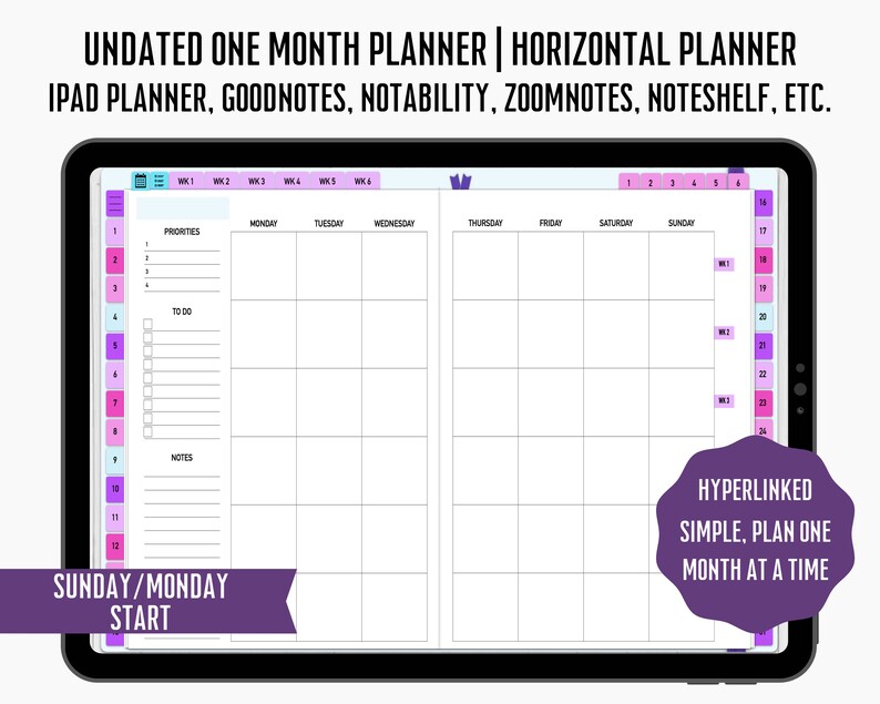 One Month Digital Planner Undated, Horizontal Digital Planner, 31 Day ...