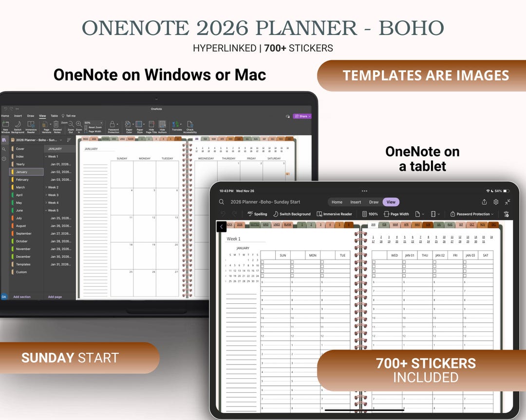 Onenote 2026 Planner, Sunday Start Digital Planner Surface Pro, Ipad ...
