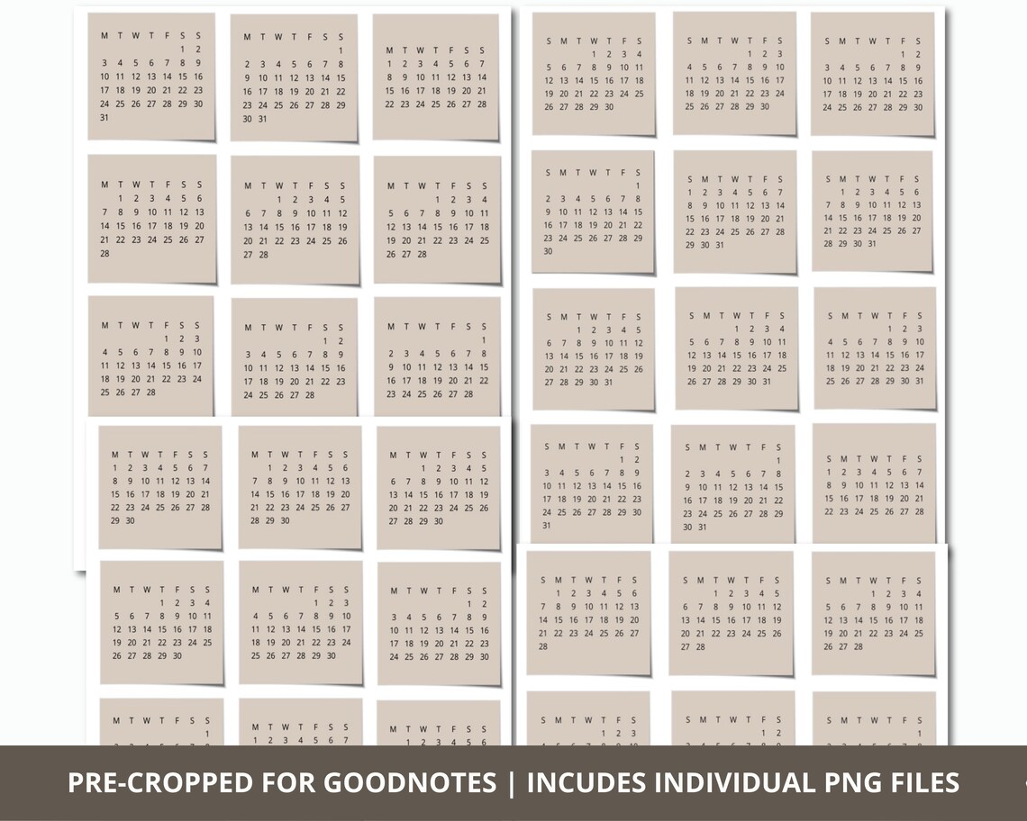 Mini Calendar Digital Stickers Precropped Goodnotes Stickers - Etsy