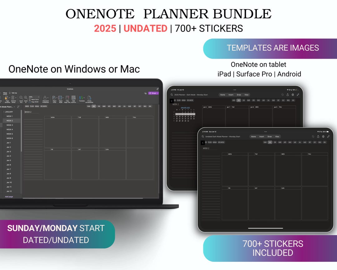 Onenote Dark Mode Planner Bundle, 2025 Dated & Undated Hyperlinked ...