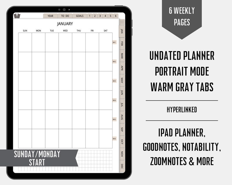 Undated Digital Planner Goodnotes Ipad Planner Notability - Etsy