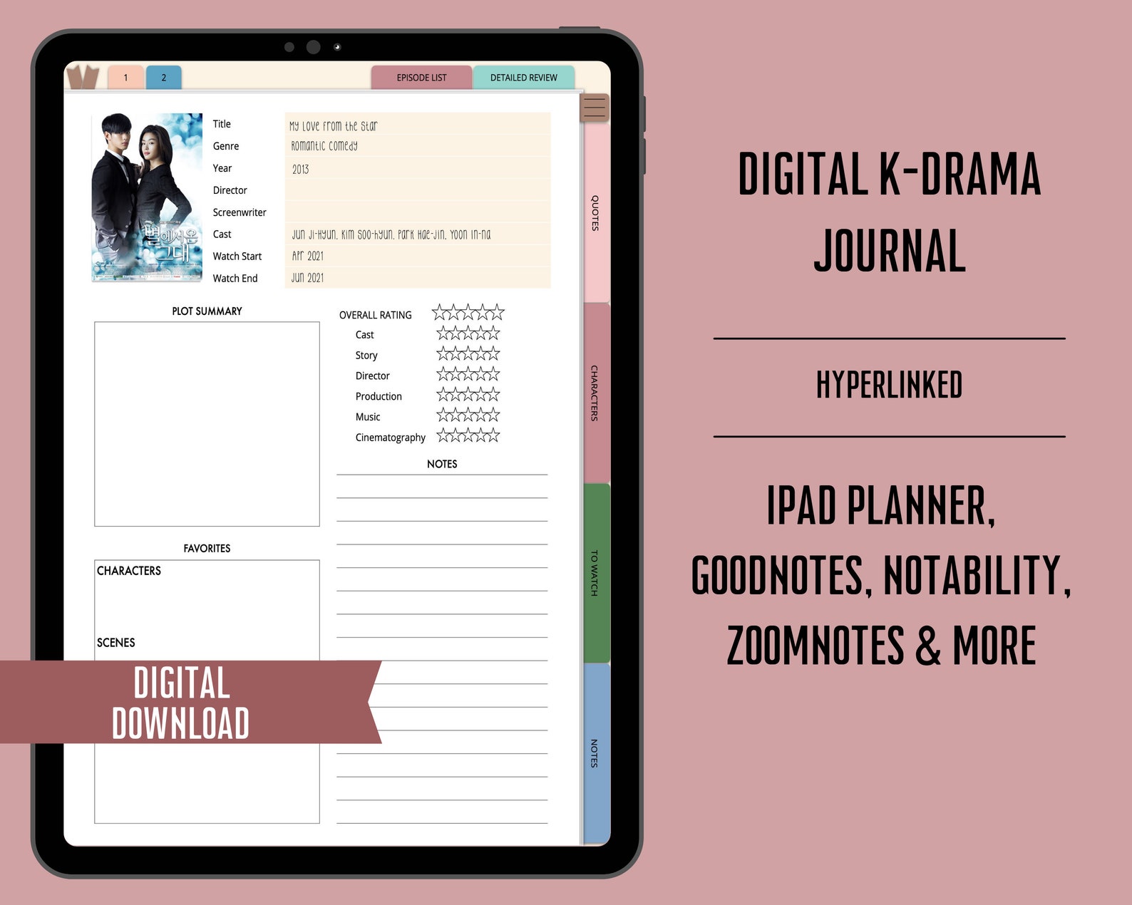 Digital K-drama Journal, Kdrama Journal Goodnotes, Korean Drama Planner ...