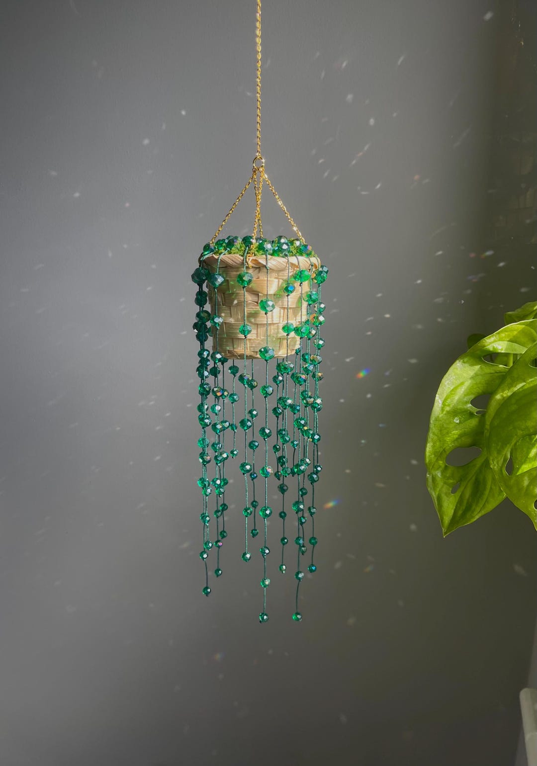 Forever Succulent Beaded Plant Sun Catcher Emerald Green Beaded String ...