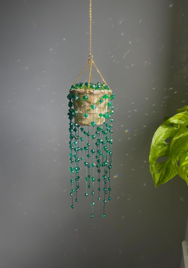 Forever Succulent Beaded Plant Sun Catcher Emerald Green Beaded String of Pearls Hanging Crystal ...