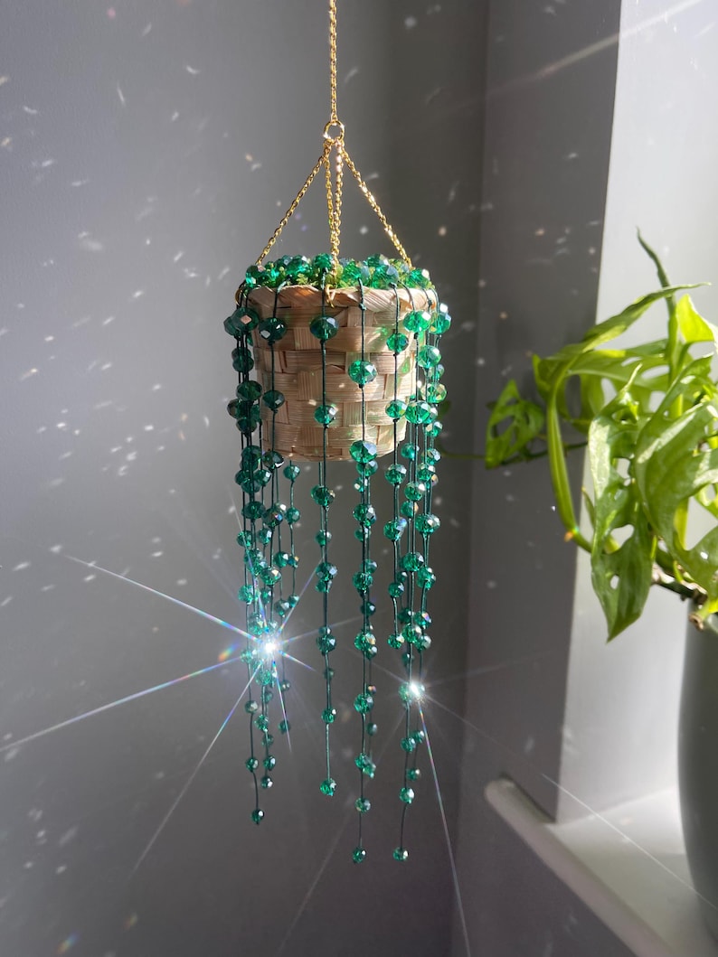 Forever Succulent Beaded Plant Sun Catcher Emerald Green Beaded String of Pearls Hanging Crystal ...