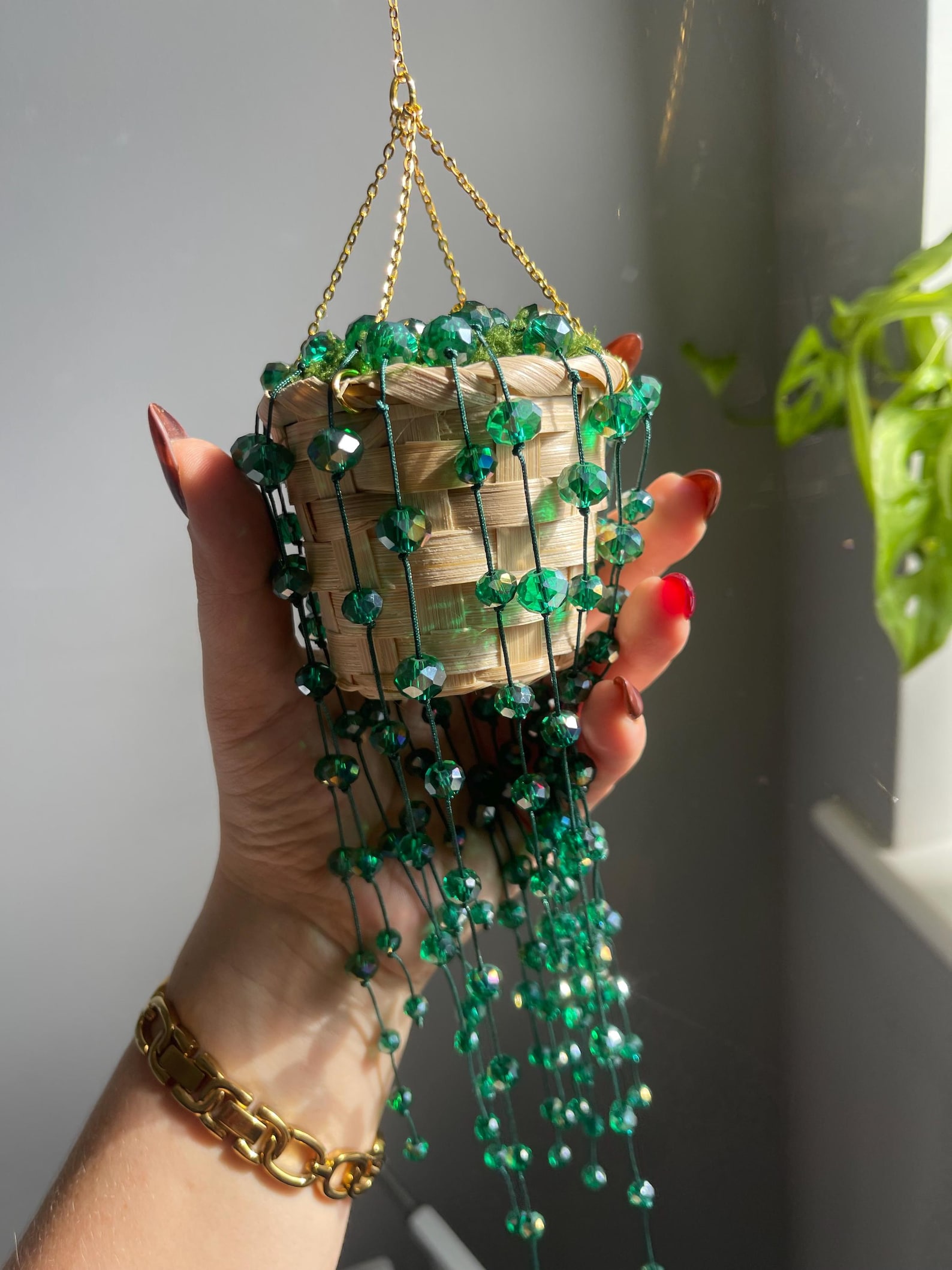 Forever Succulent Beaded Plant Sun Catcher Emerald Green Beaded String ...