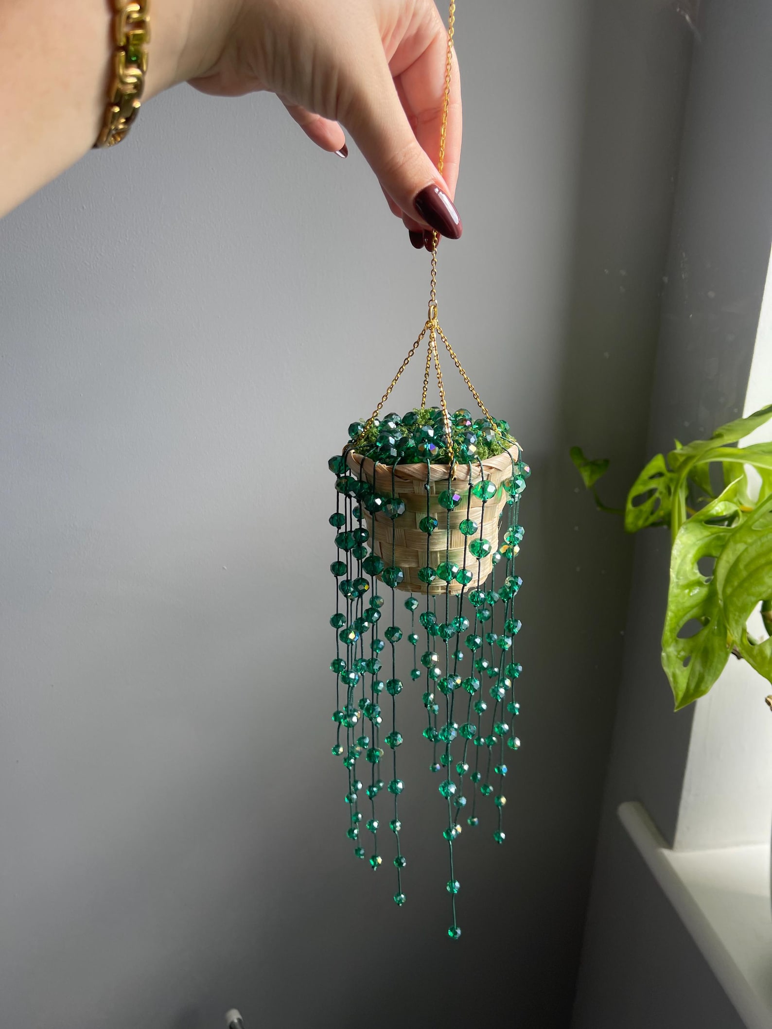 Forever Succulent Beaded Plant Sun Catcher Emerald Green Beaded String ...