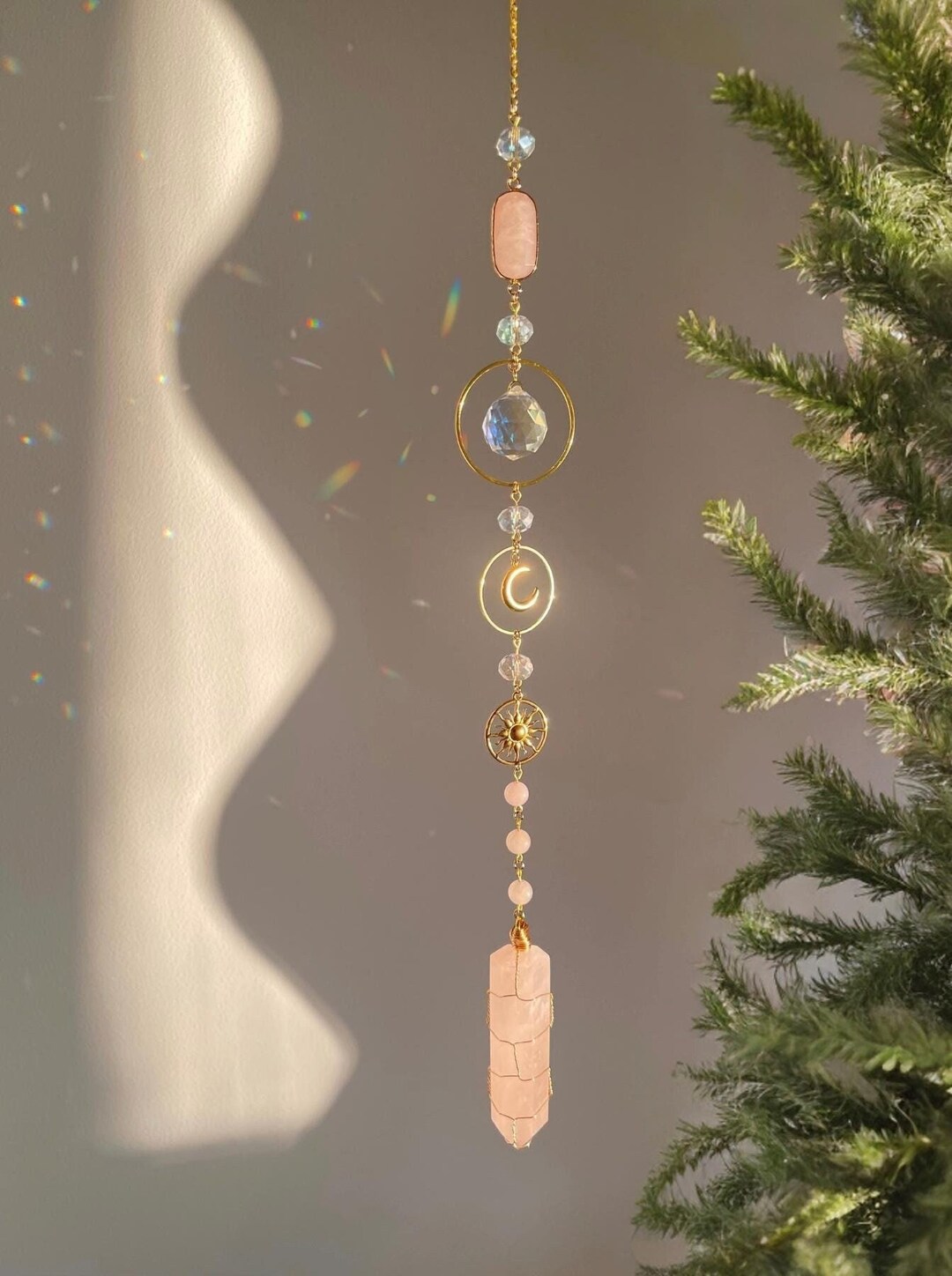 Rose Quartz Suncatcher Moon Sun Catcher With Natural Crystal Gift for ...