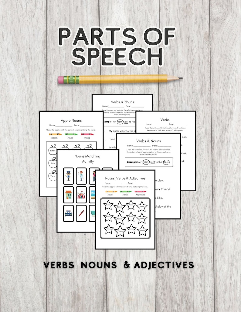 Parts of Speech Verbs Nouns and Adjectives Printable Pack - Etsy