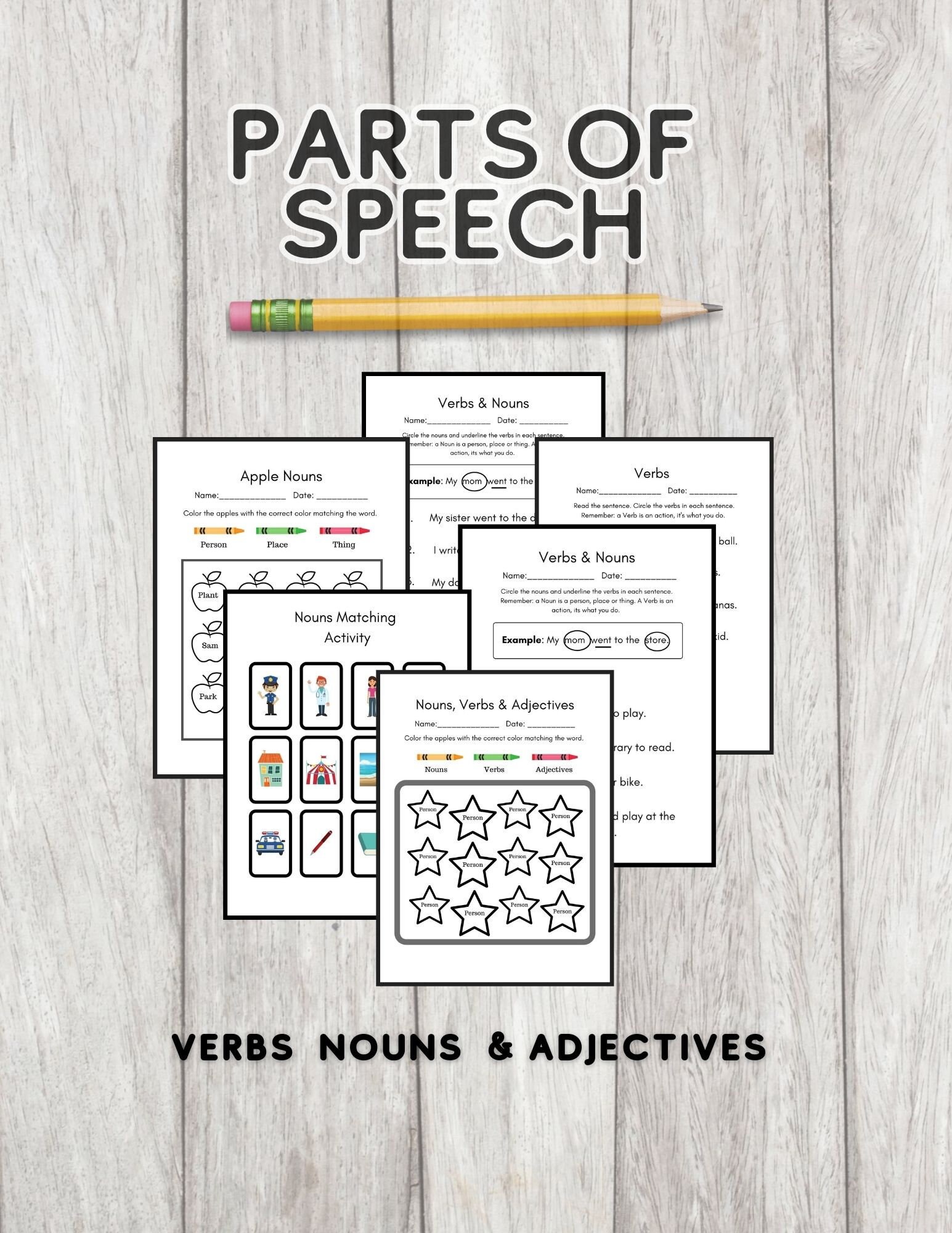 Parts of Speech Verbs Nouns and Adjectives Printable Pack - Etsy