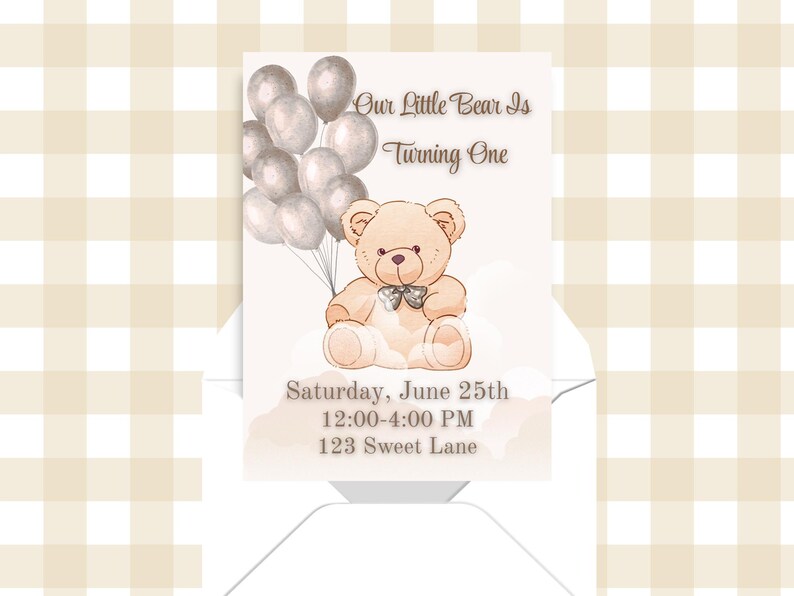 Teddy Bear 1st Birthday Invitation | Neutral Colors, Editable Template ...