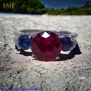 Unique Sapphire and Ruby Wedding Ring - Gold Birthstone Band - Vintage ...