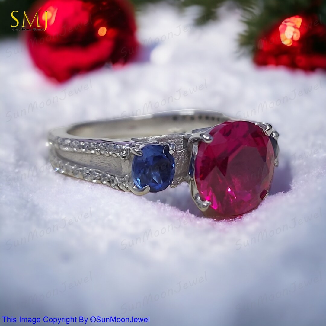Unique Sapphire and Ruby Wedding Ring - Gold Birthstone Band - Vintage ...