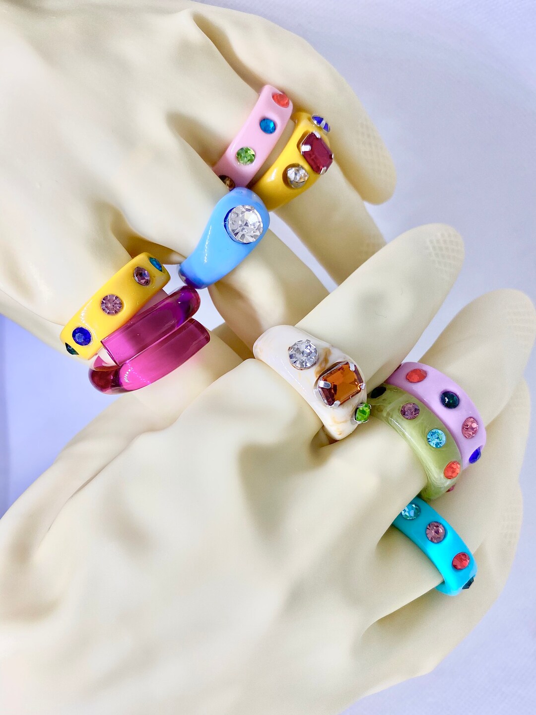 Colorful Trendy Chunky Acrylic Rhinestone Rings - Colorful Stackable ...