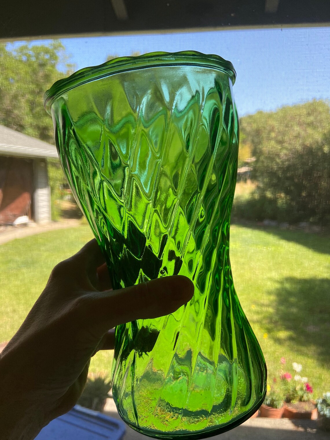 Vintage Green Glass Large Vase - Etsy