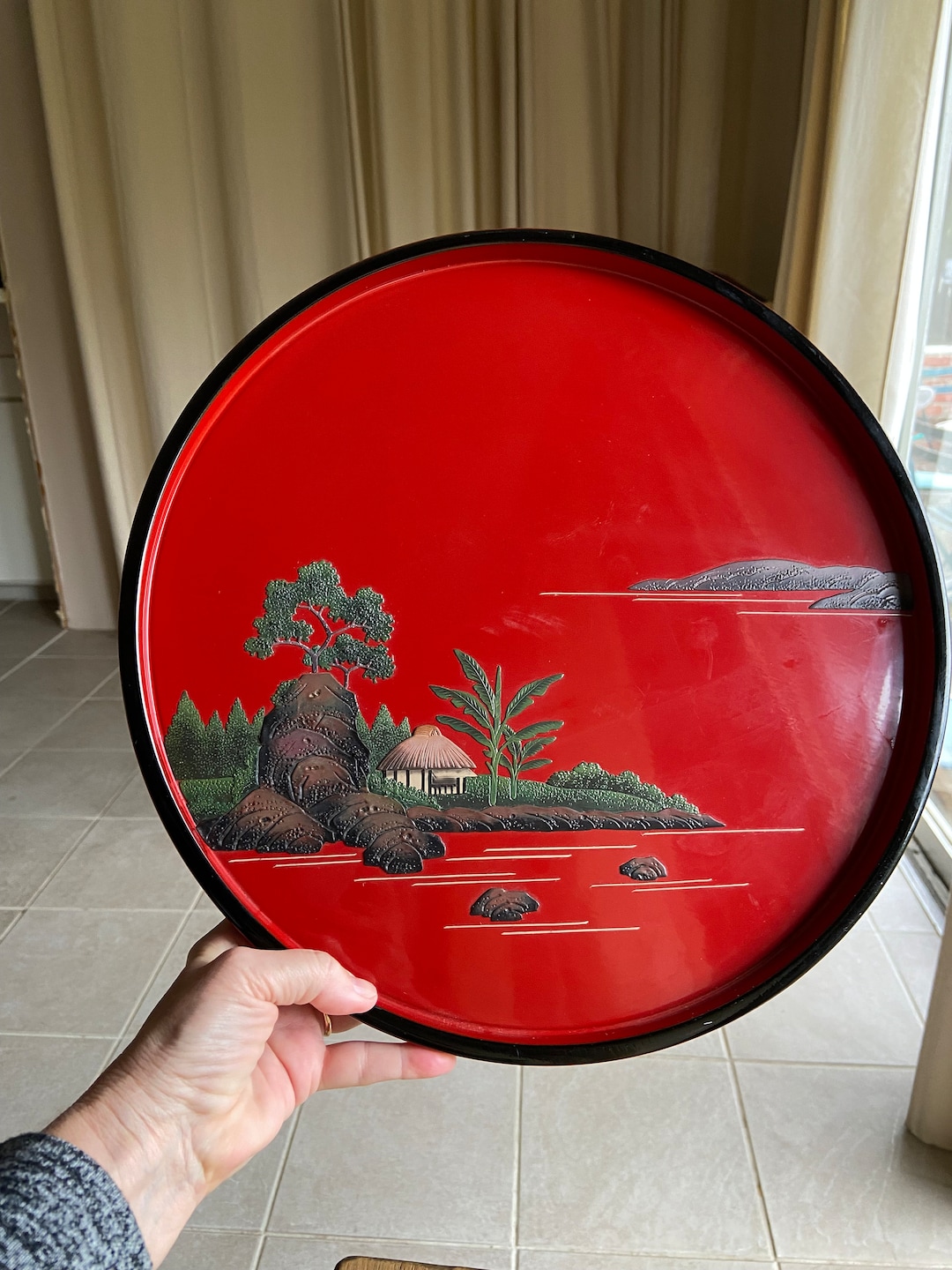 Vintage Red Lacquered Asian Round Tray - Etsy