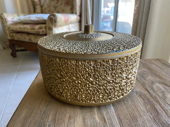 Vintage Golden Round Box With Lid - Etsy