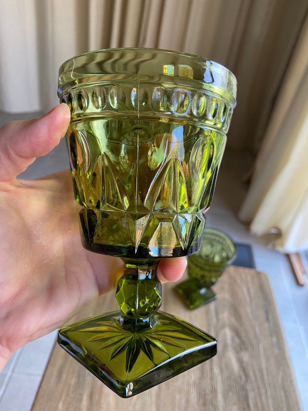 Vintage Green Glass Goblet - Etsy