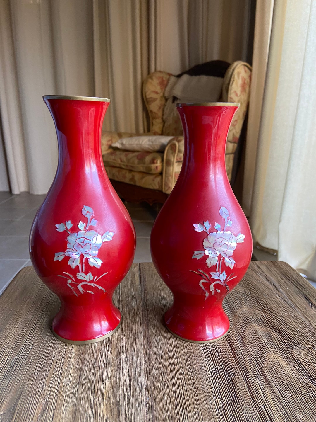 Vintage Asian Vases With Shell Inlay (2) - Etsy