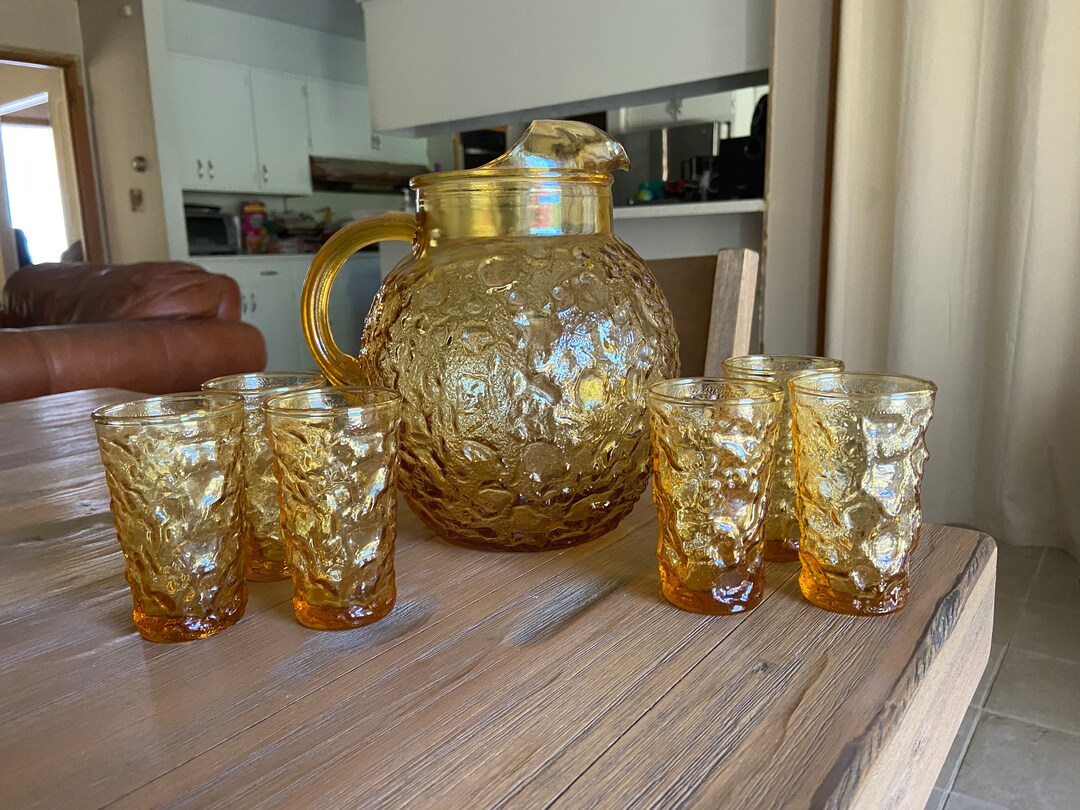 Vintage Yellow Glass Pitcher With 6 Juice Glasses - Etsy