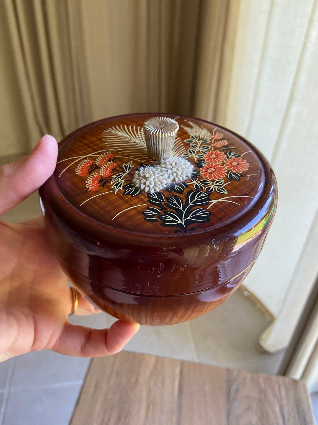 Vintage Laquered Brown Box With Flowers on Lid - Etsy