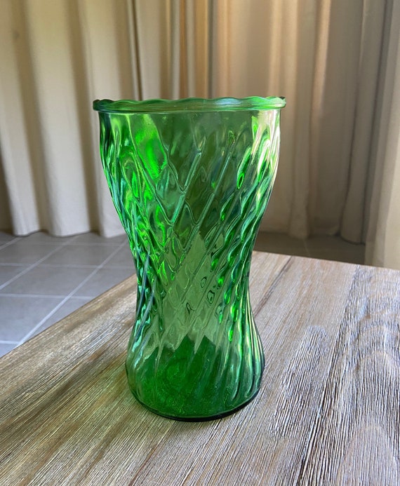 Vintage Green Glass Large Vase - Etsy