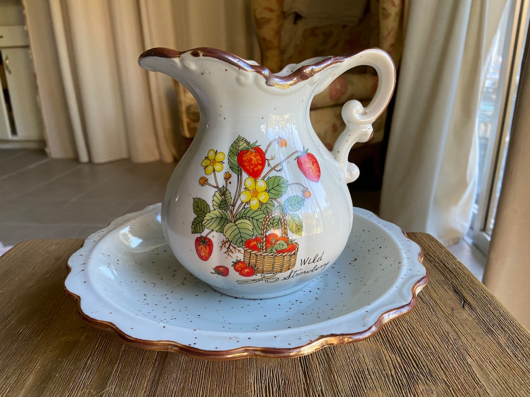 Vintage Wild Strawberry Ceramic Pitcher With Plate - Etsy