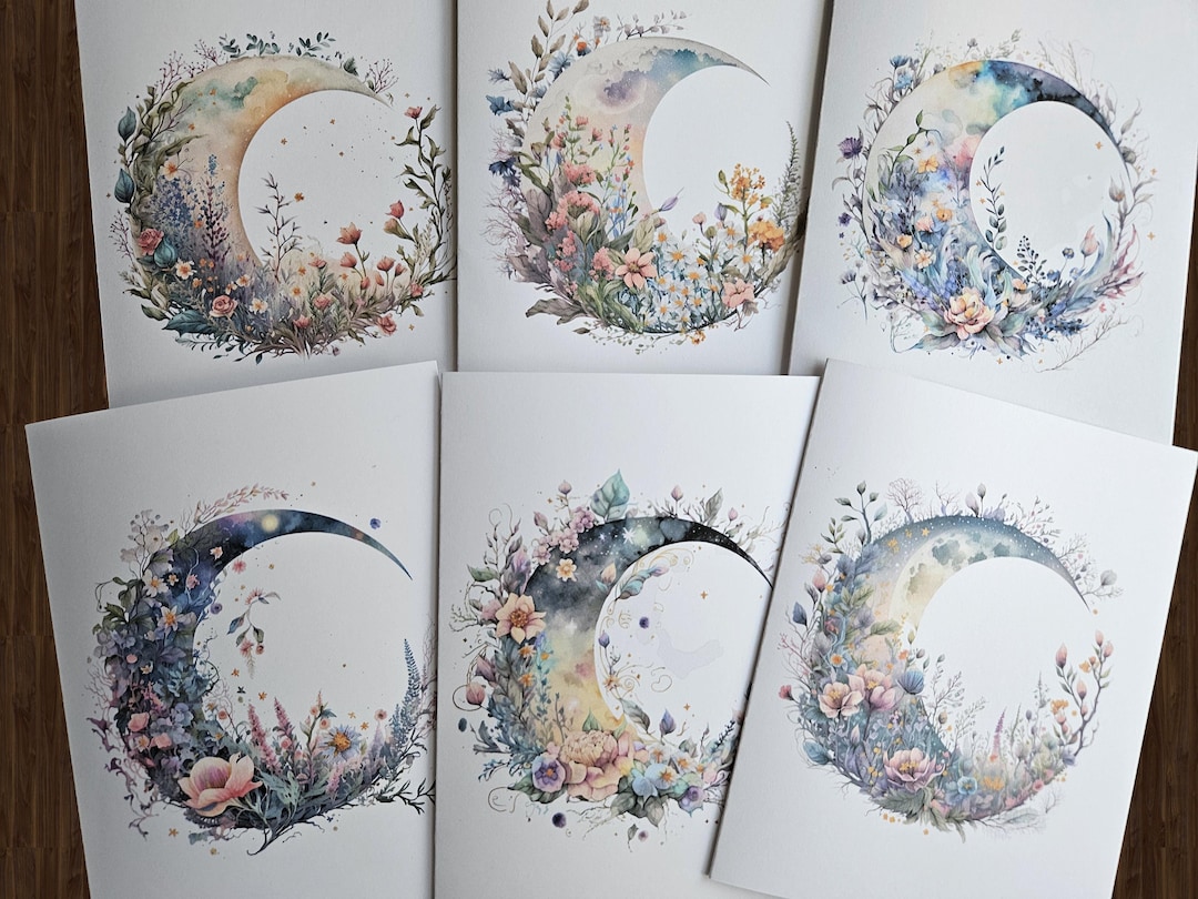 Floral Moon Note Cards: Watercolor Blank Cards Set - Etsy