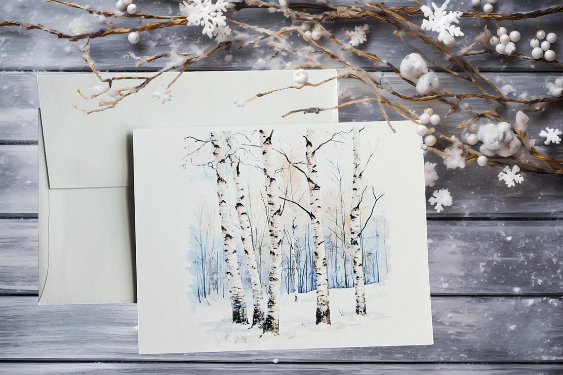 Winter Birch Tree Note Cards: Blank Card Set, Winter Gift for Friend - Etsy