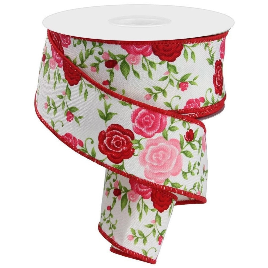Mini Roses/stripe White 1.5 Ribbon, Pink and Red Floral Ribbon, Red ...