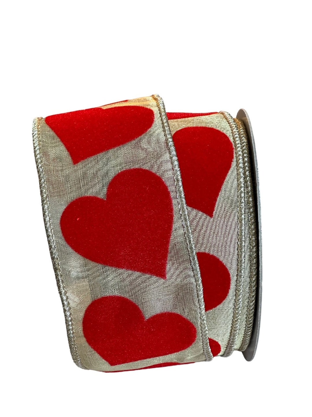 Flocked Hearts, 2.5 Valentine Ribbon, Red Hearts Ribbon, Red and Tan ...