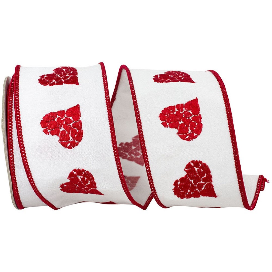 Valentine Embroidered Hearts Ribbon, Red and White Hearts Ribbon, 2.5 ...