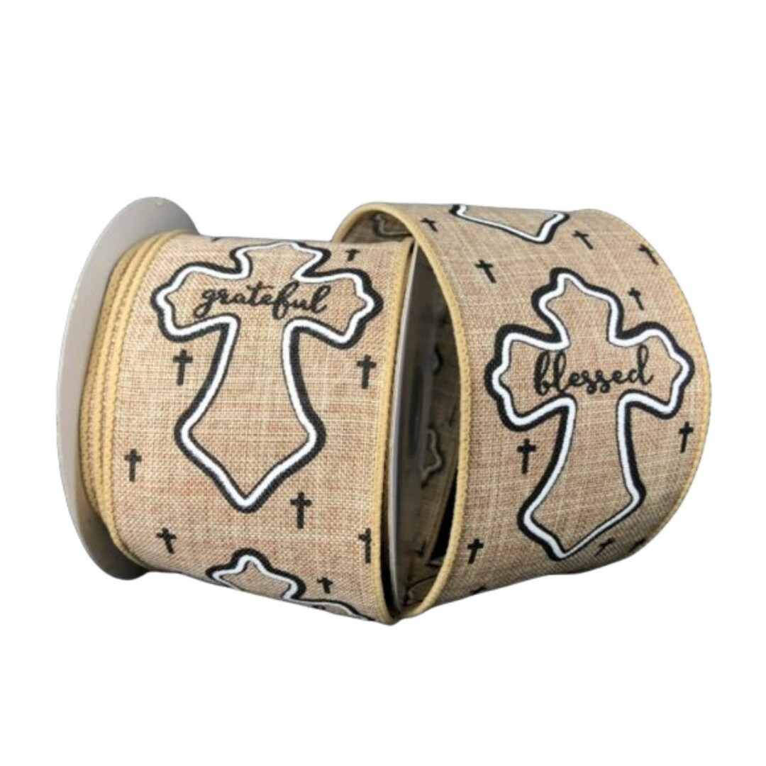 Grateful Thankful Blessed Cross Ribbon, Religious Natural Ribbon, 2.5 ...