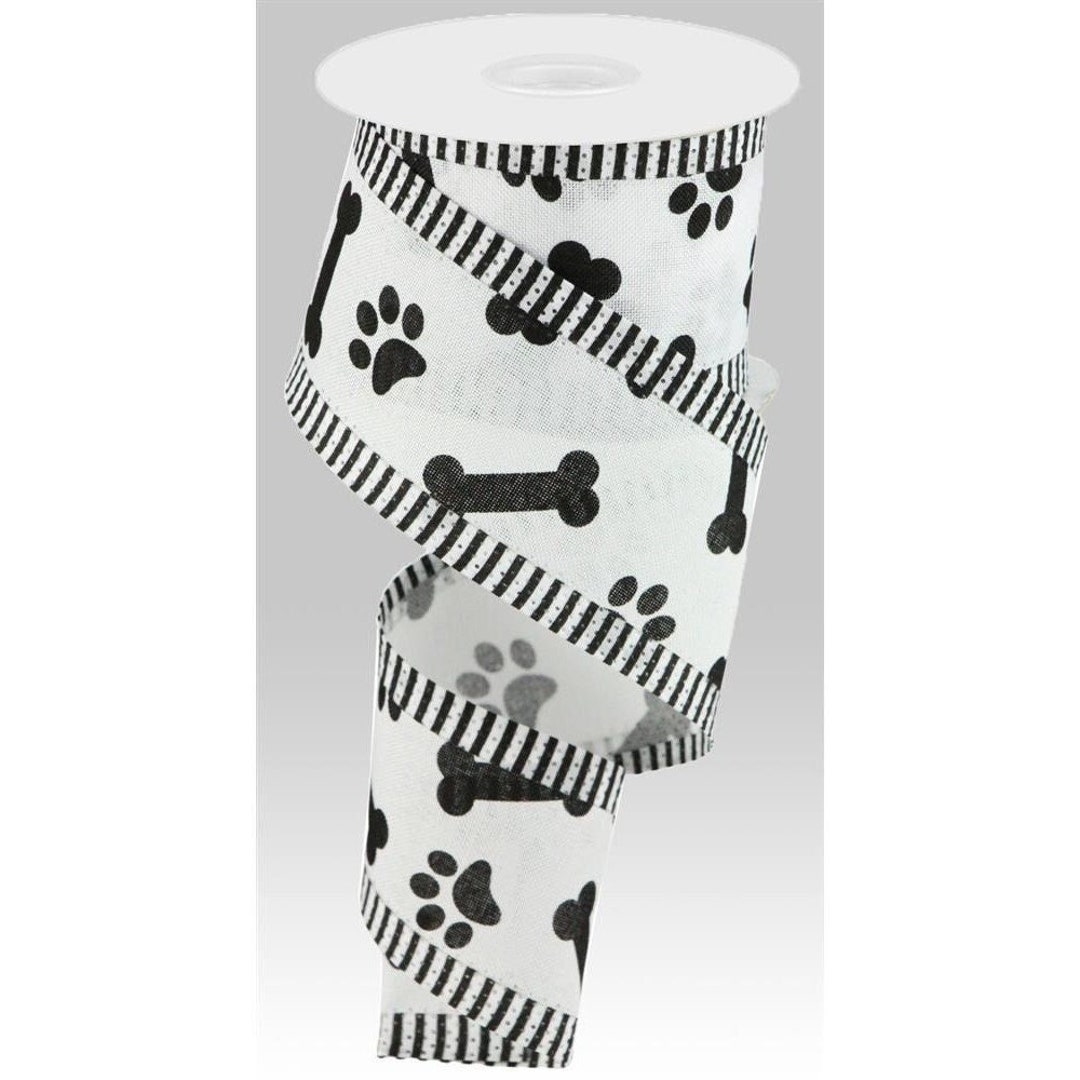 Paw Prints/bones/thin Stripe 2.5, White and Black Dog Ribbon, 2.5 Width ...