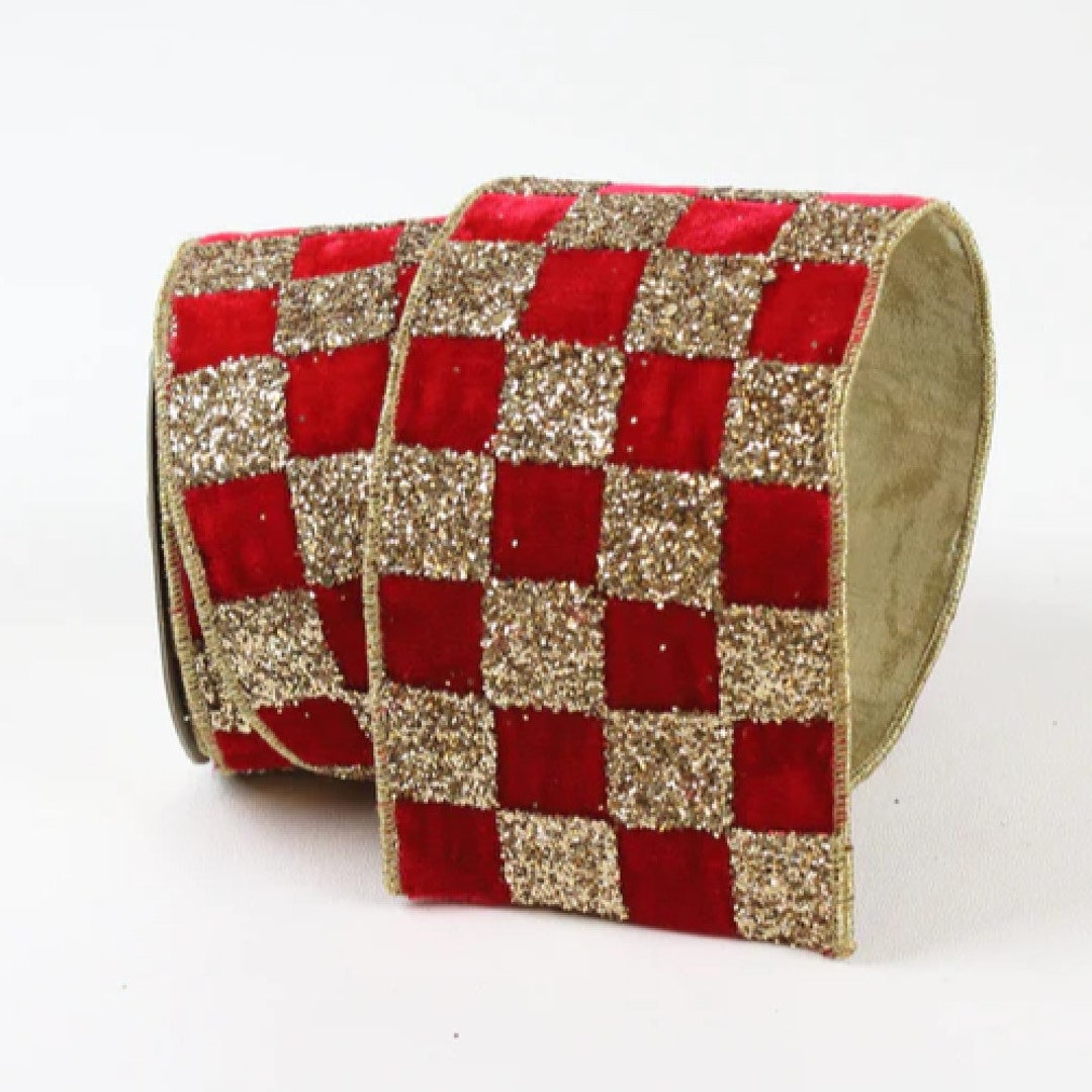Chunky Checks: Red/gold, 4 Width Ribbon, Red Velvet W/ Gold Checker ...