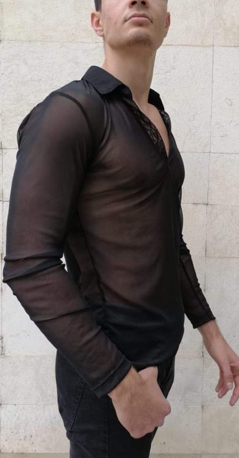 Mesh Shirt Outfit Long Sleeveblack Men's Sheer Shirt | Etsy