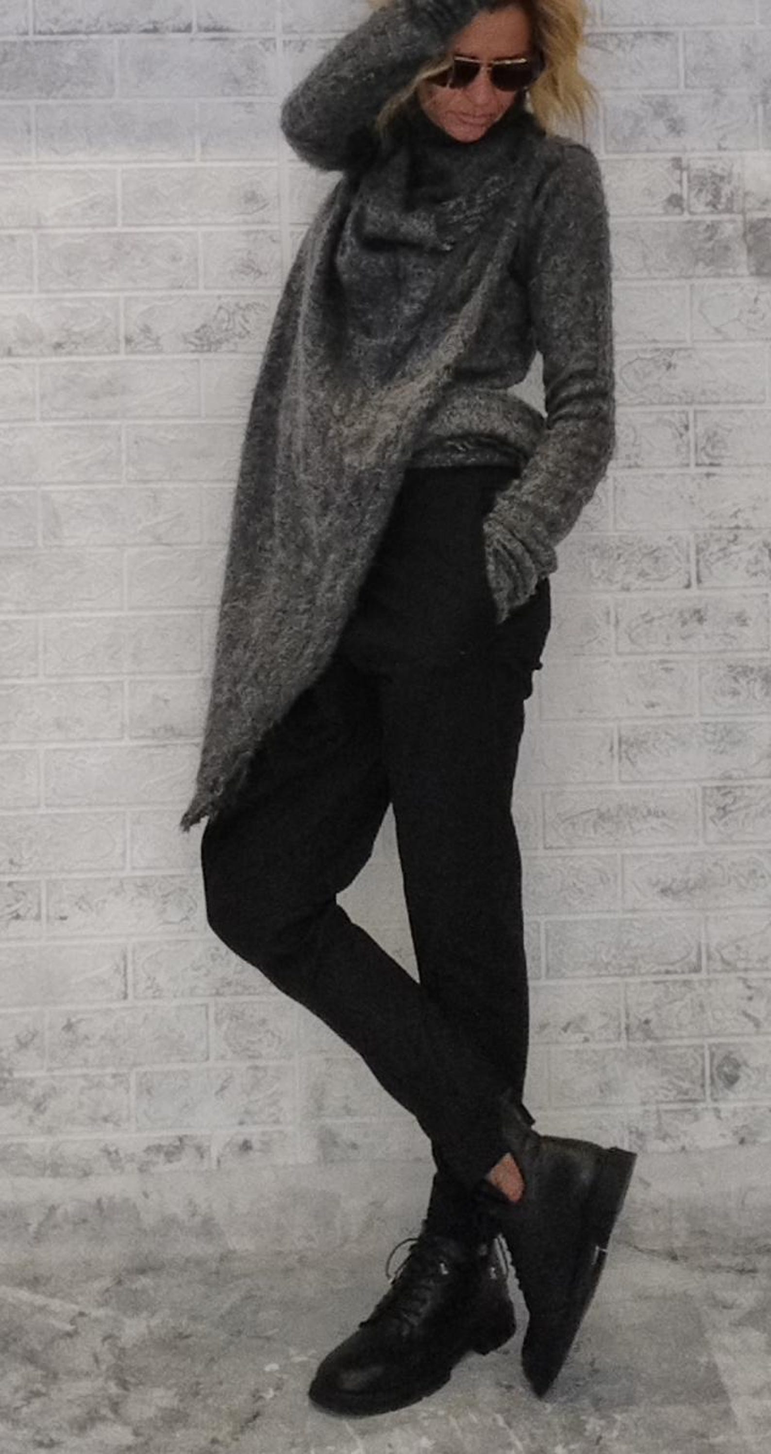 Wool Tunic Dress, Cowl Neck Sweater, Casual Sweater Dress, Grey Blouse ...