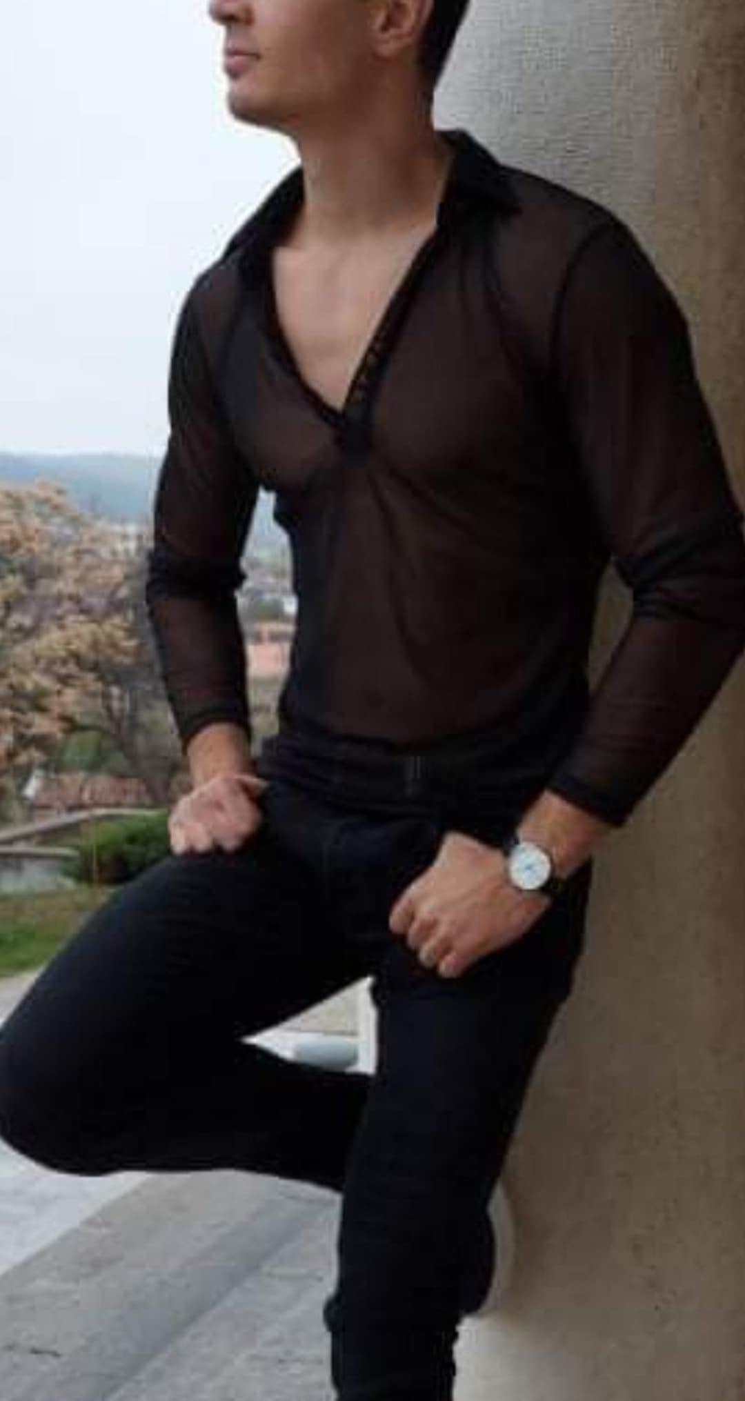 Mesh Shirt Outfit Long Sleeve,black Men's Sheer Shirt, Black Modern ...