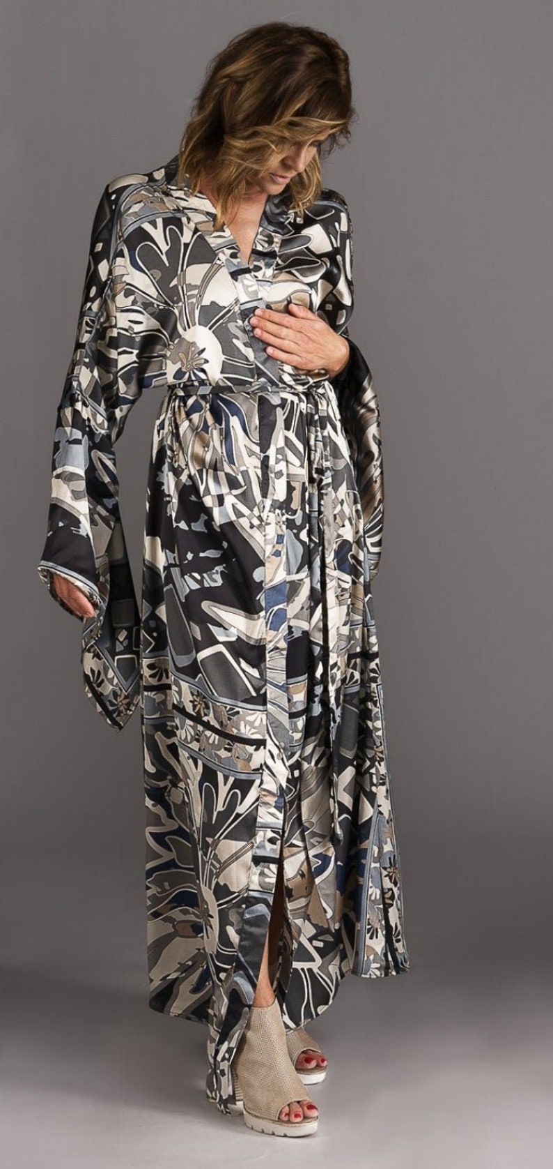 Long Bohemian Floral Kimono,boho Kimono, Summer Kimono Dress,silk Maxi ...